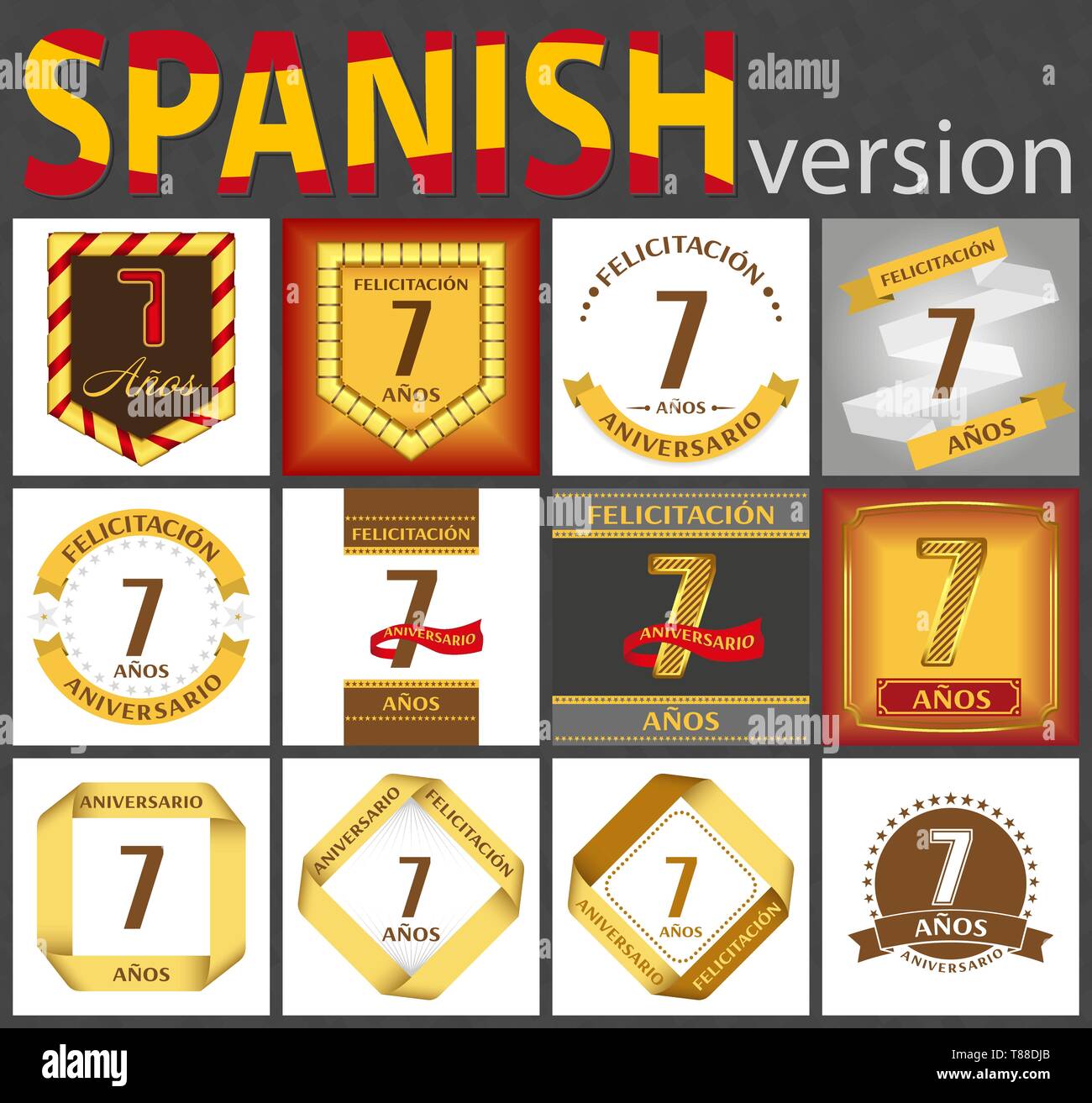 Spanish set of number seven years (7 years) celebration design ...