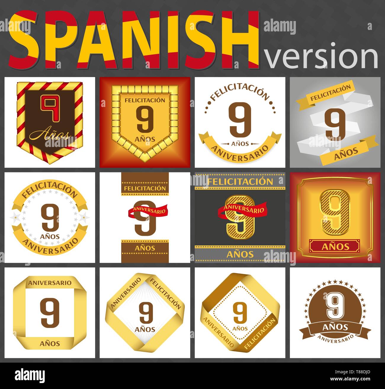 Spanish set of number nine years (9 years) celebration design ...