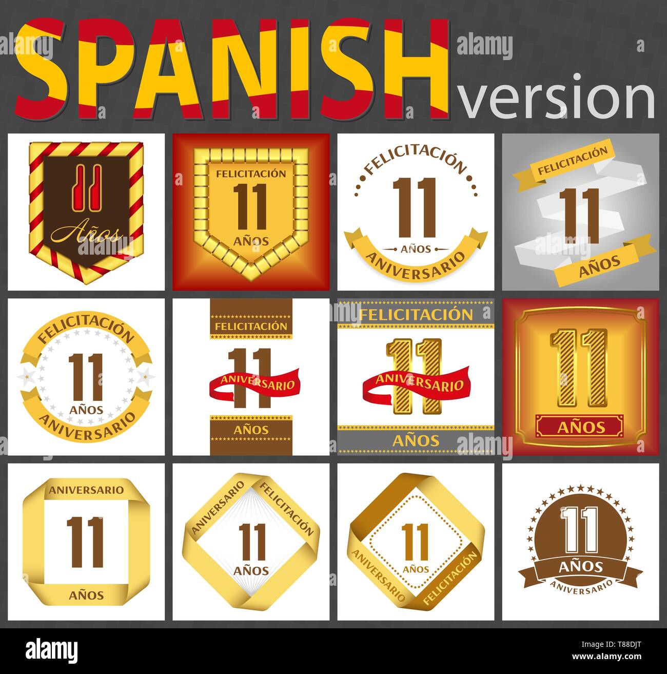 Spanish set of number eleven years (11 years) celebration design ...