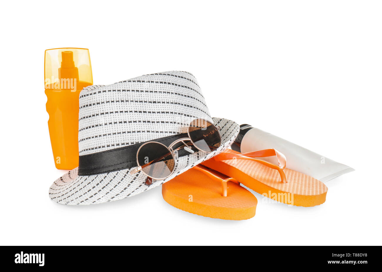 Set of items for rest on beach on white background Stock Photo - Alamy