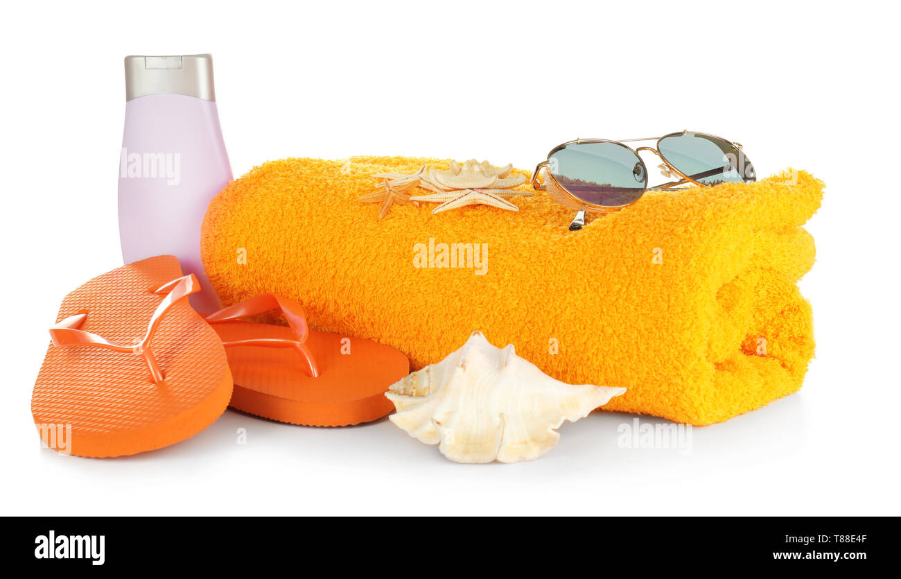 Set of items for rest on beach on white background Stock Photo - Alamy