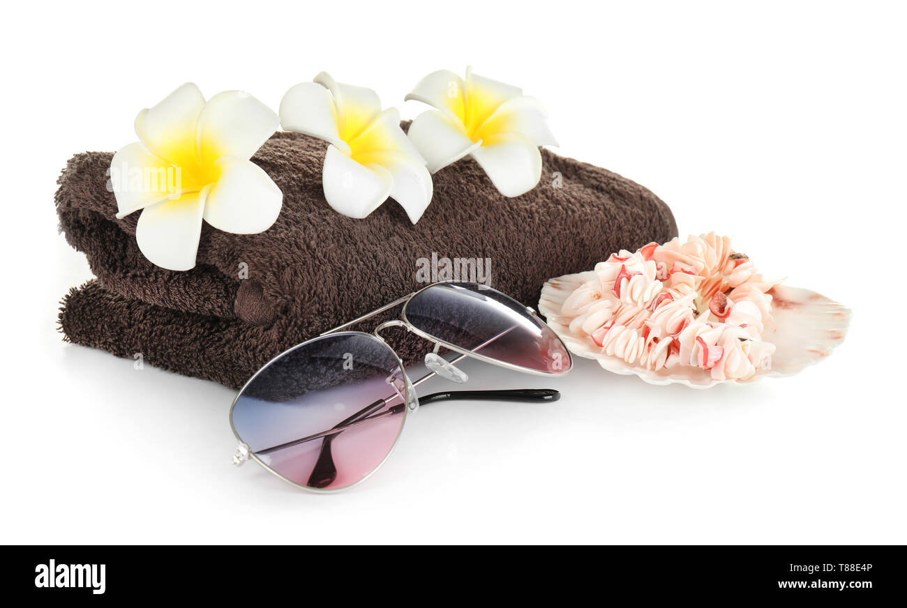 Set of items for rest on beach on white background Stock Photo - Alamy