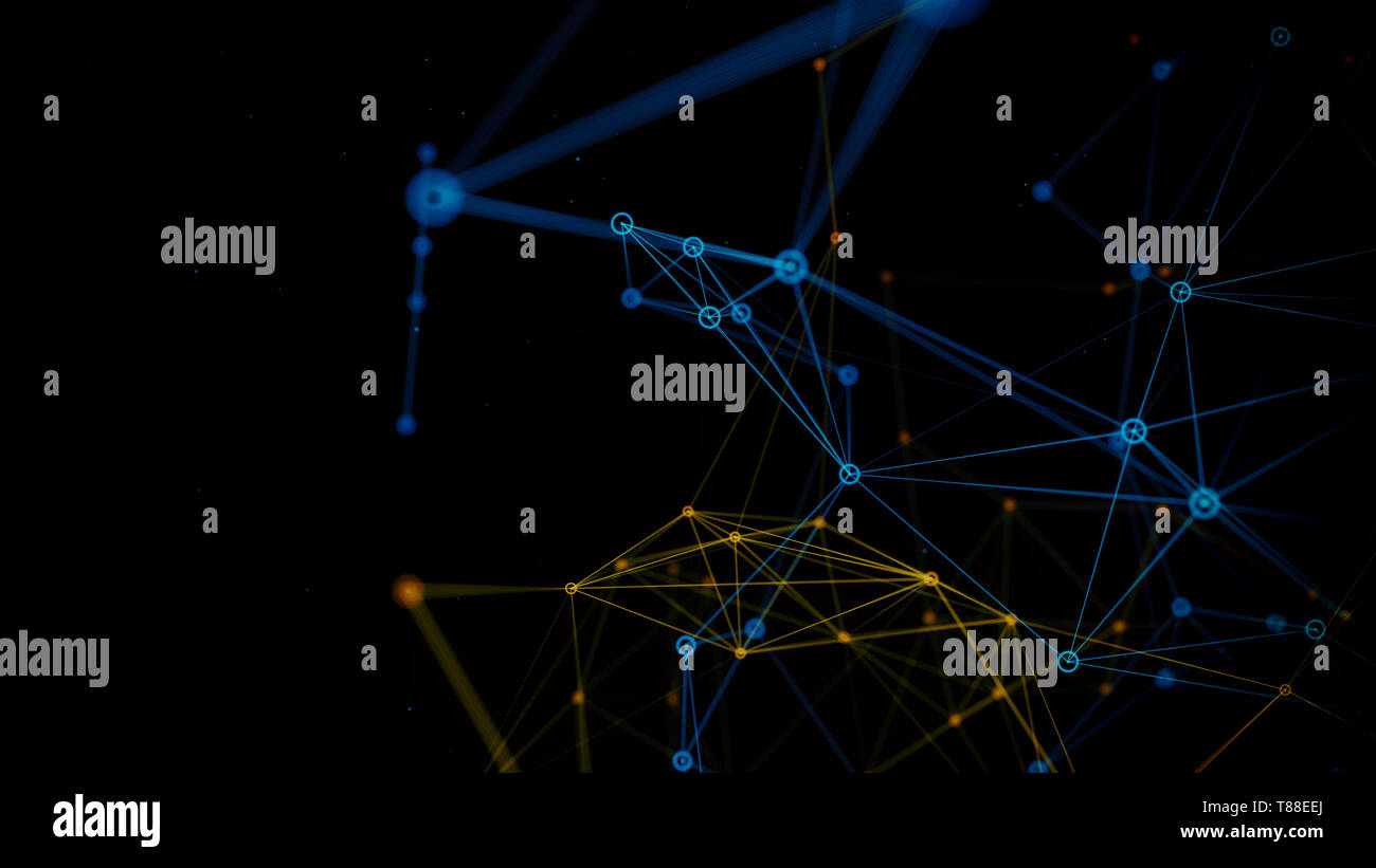 Multi colour network 3d illustration. Connected orange and blue lines ...