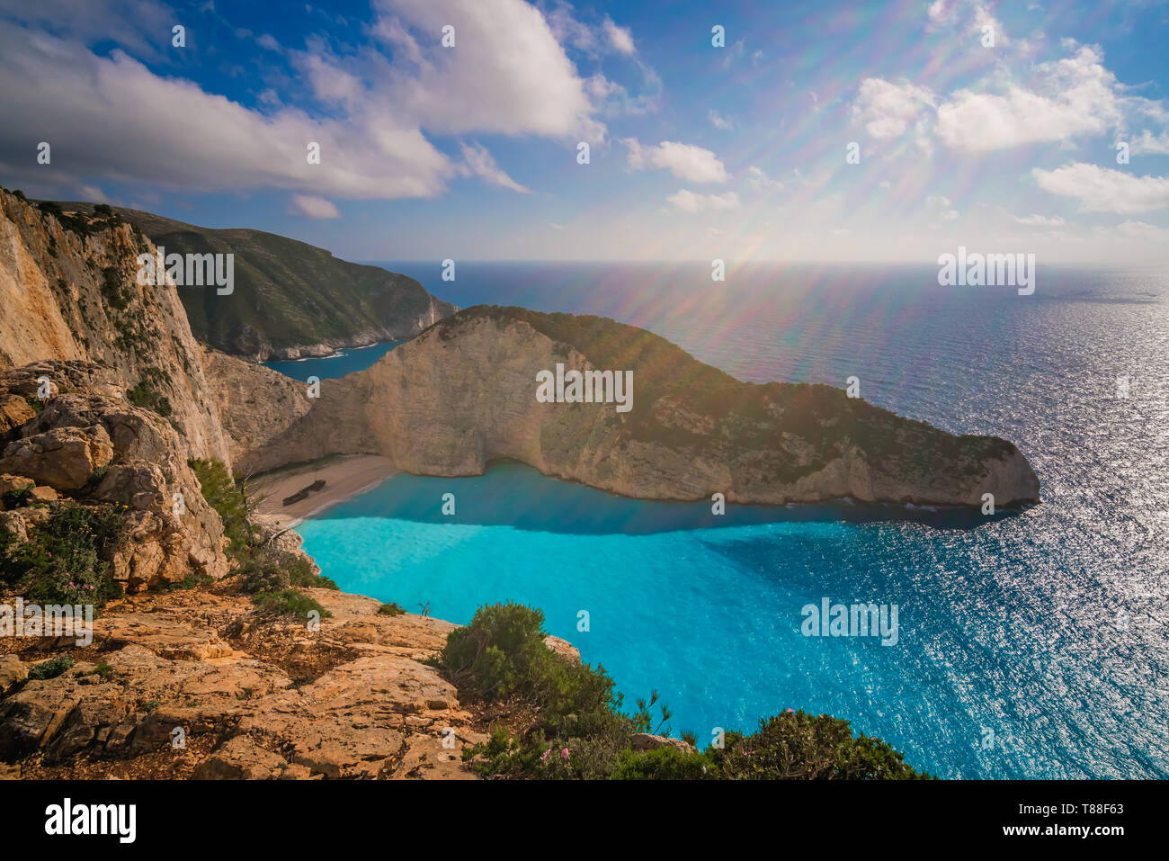 Stunning view of the cliffs in Shipwreck Cove in summer on Zante Island ...