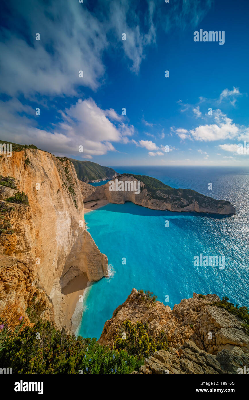 Stunning view of the cliffs in Shipwreck Cove in summer on Zante Island ...