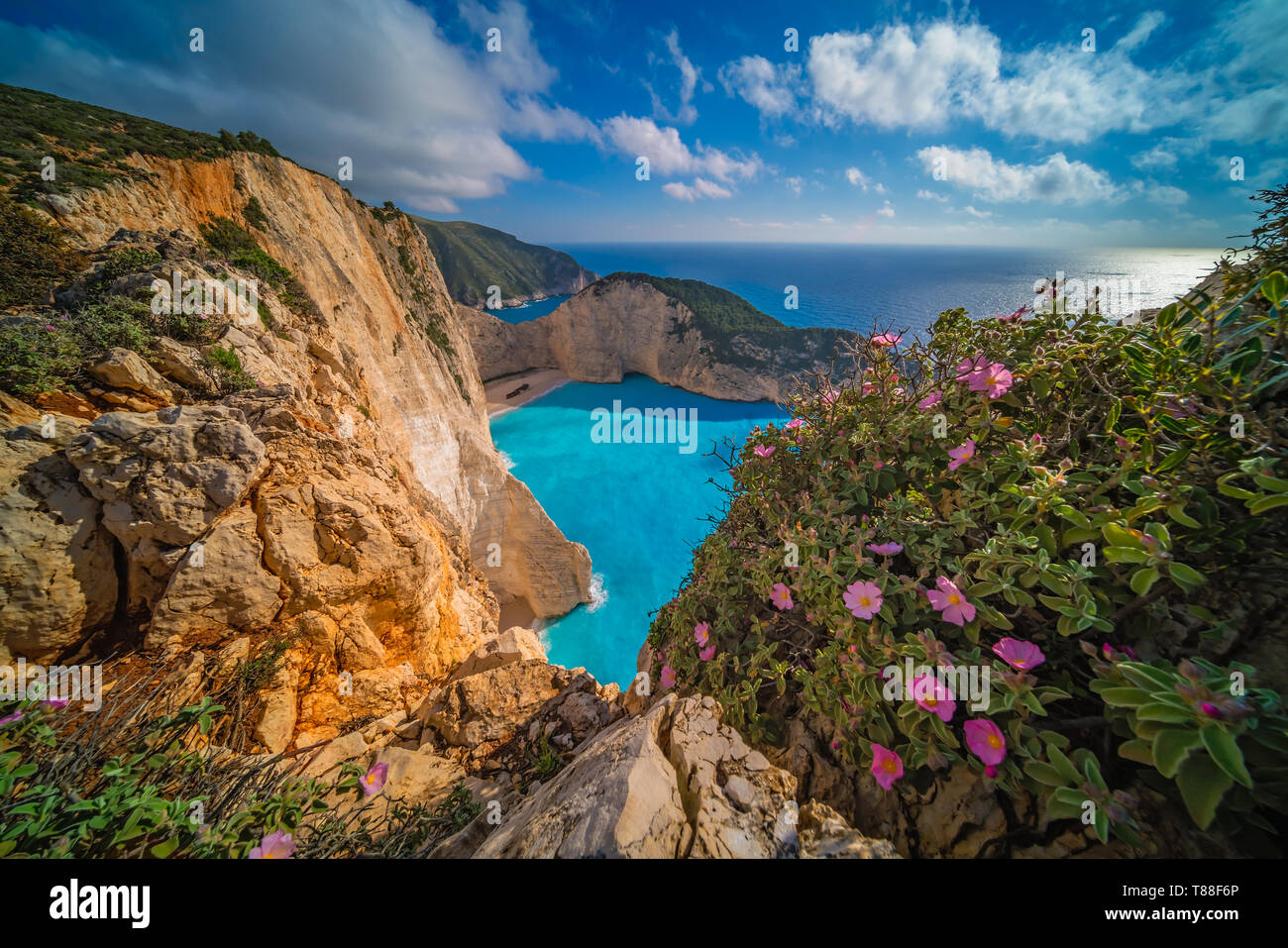 Stunning view of the cliffs in Shipwreck Cove in summer on Zante Island ...