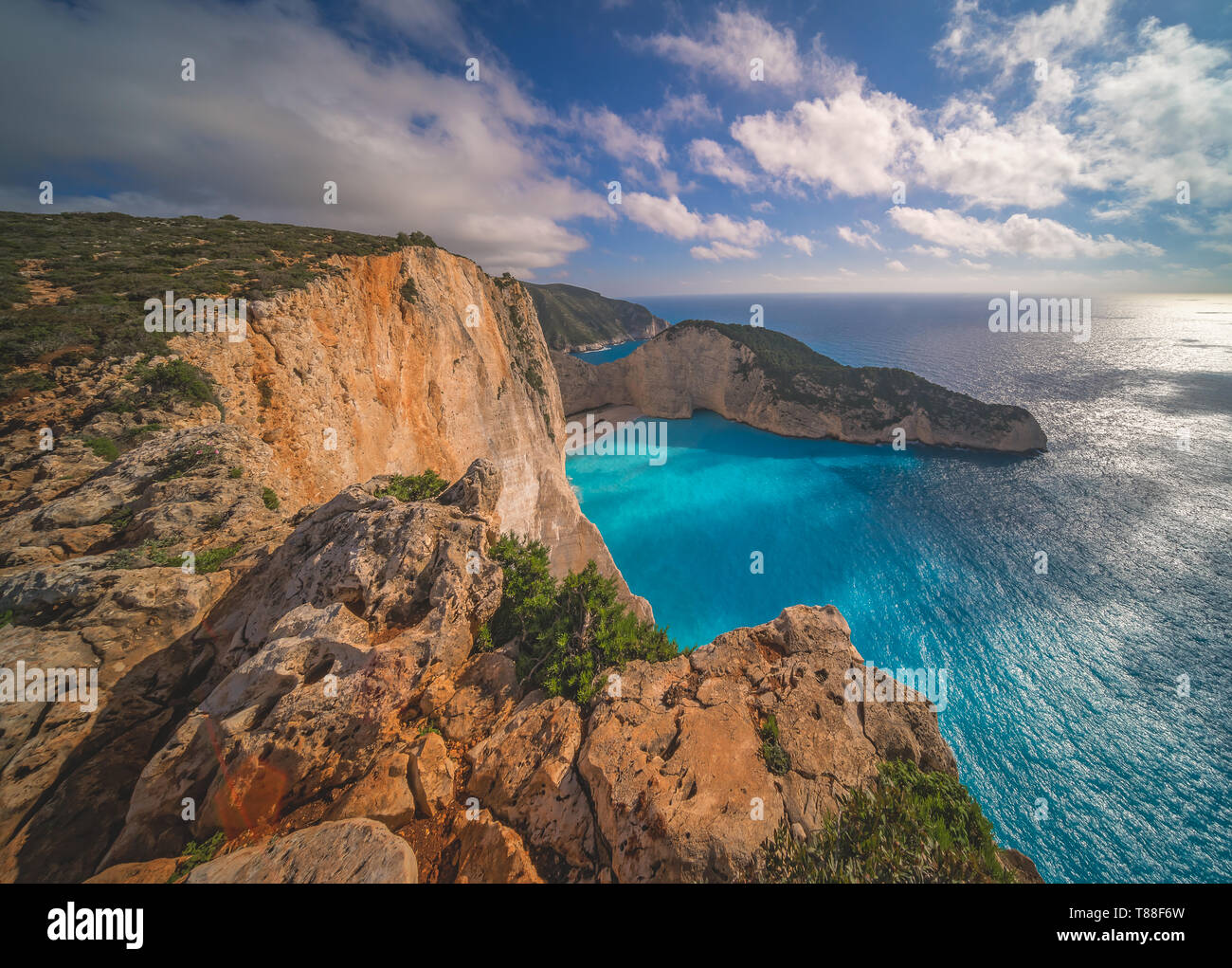 Stunning view of the cliffs in Shipwreck Cove in summer on Zante Island ...