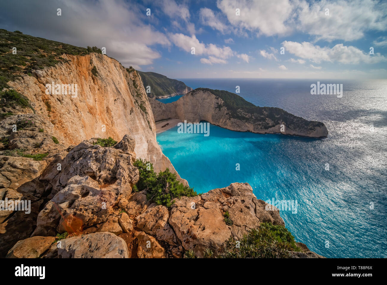 Stunning view of the cliffs in Shipwreck Cove in summer on Zante Island ...