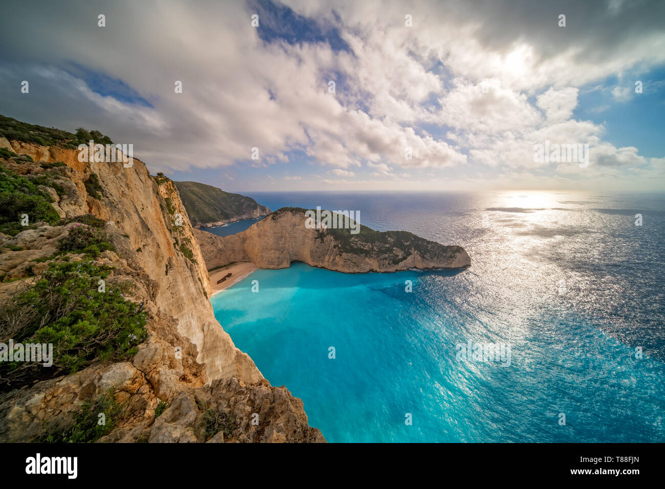 Stunning view of the cliffs in Shipwreck Cove in summer on Zante Island ...