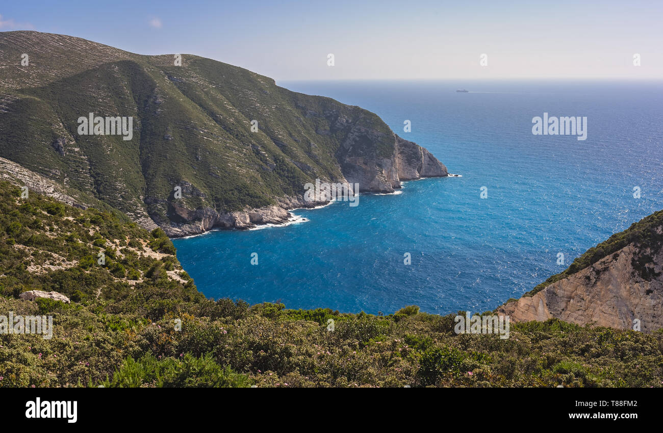 Panoramic view of the cliffs near Shipwreck Cove in summer on Zante ...