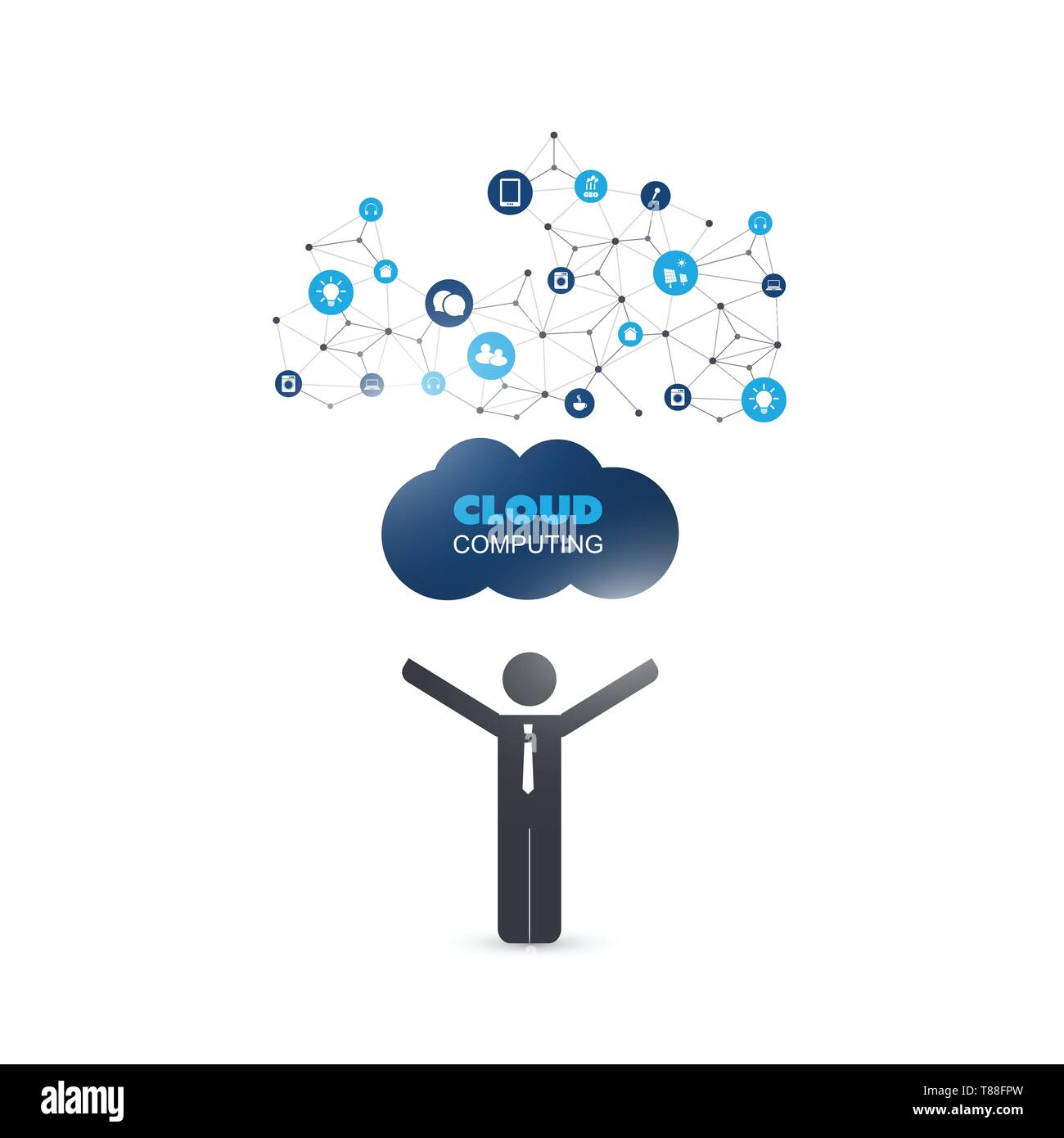 Cloud Computing Design Concept with a Standing Business Man and Icons - Digital Network ...