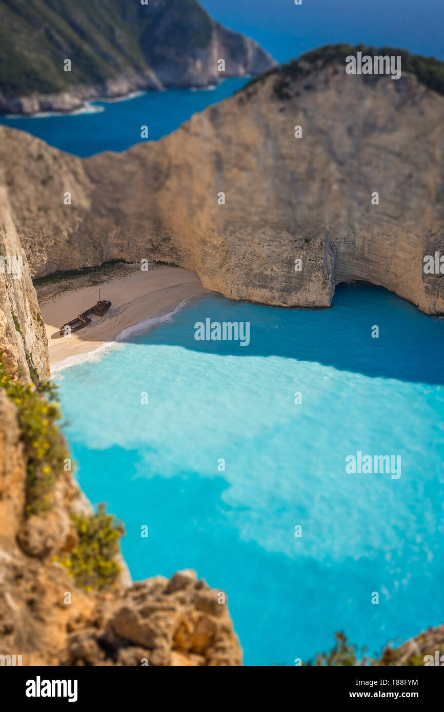 Stunning view of the cliffs in Shipwreck Cove in summer on Zante Island ...