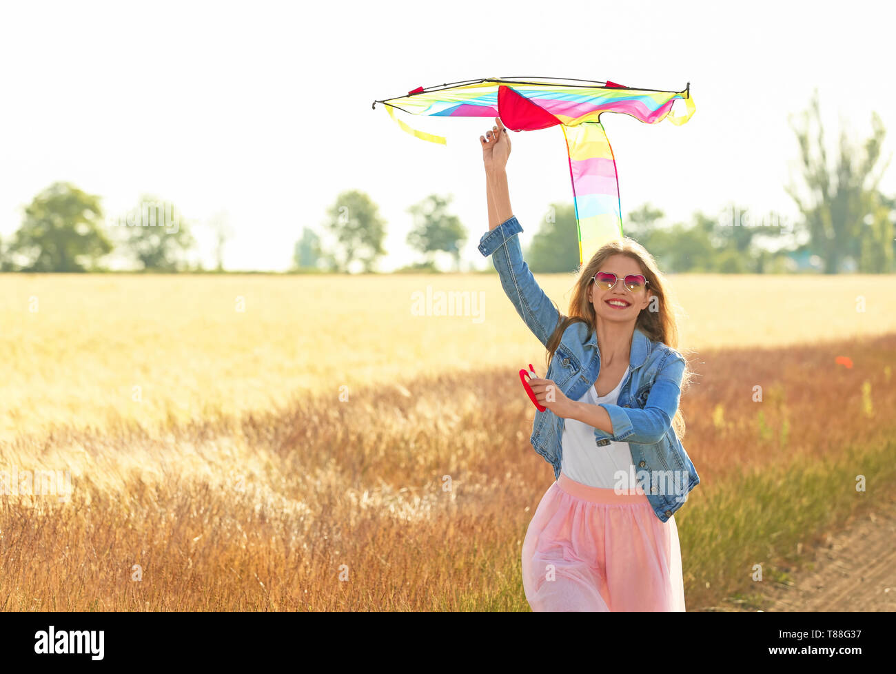Beautiful young woman flying kite in a field Stock Photo - Alamy