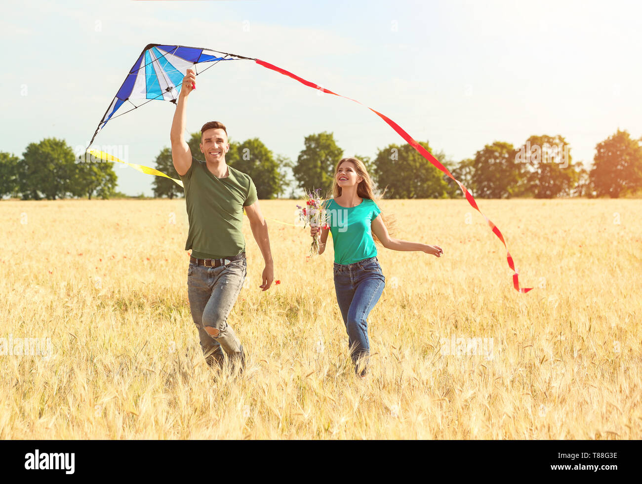 Happy young couple flying kite in a field Stock Photo - Alamy