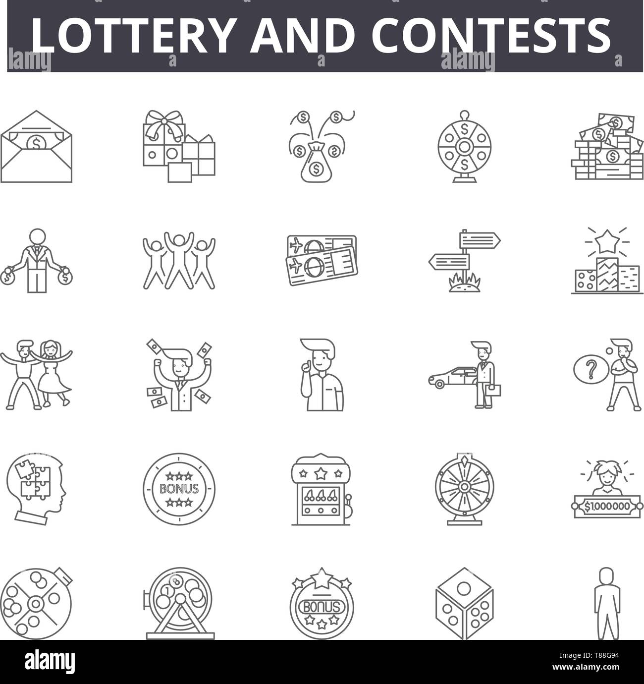 Lottery and contests concept line icons, signs, vector set, outline ...