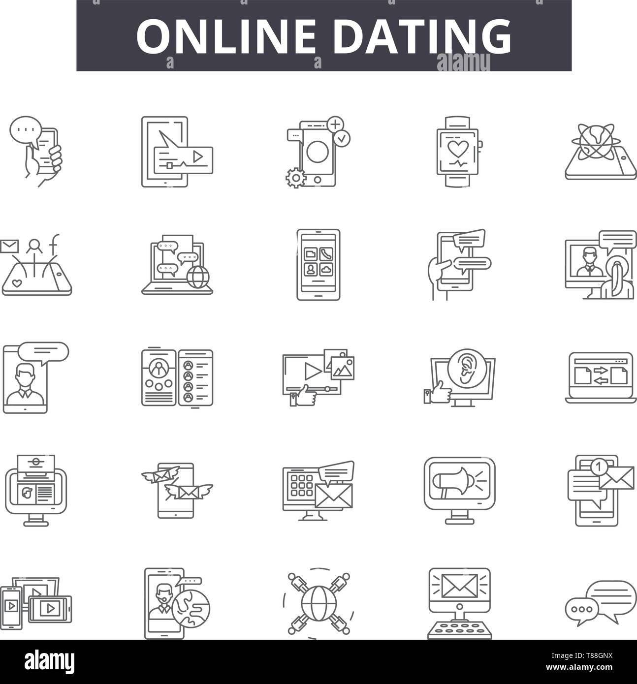 Online dating line icons, signs, vector set, outline concept, linear ...