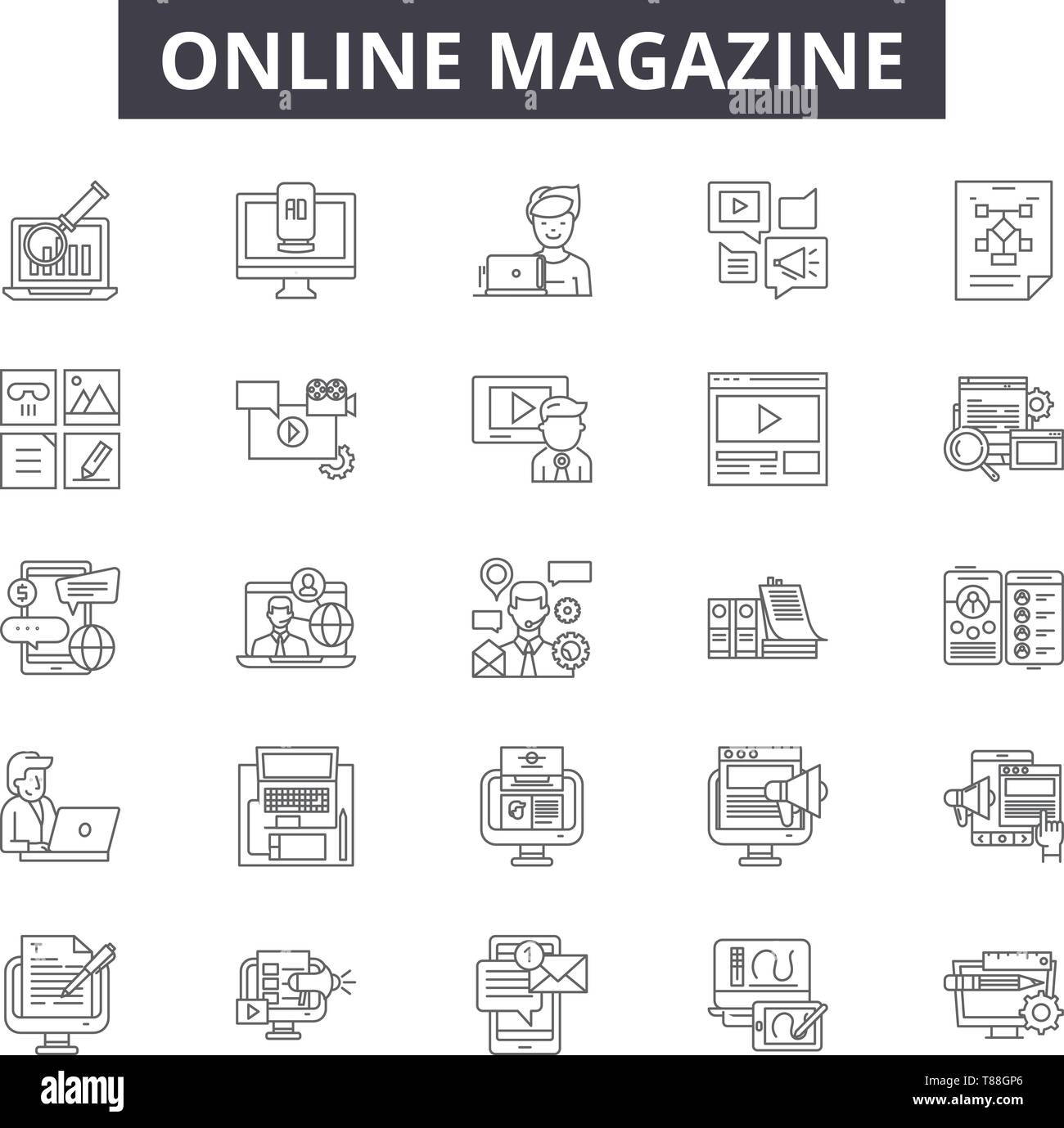 Online magazine line icons, signs, vector set, outline concept, linear ...
