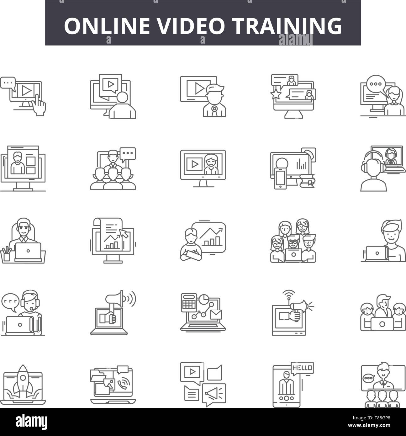 Online video training line icons, signs, vector set, outline concept ...
