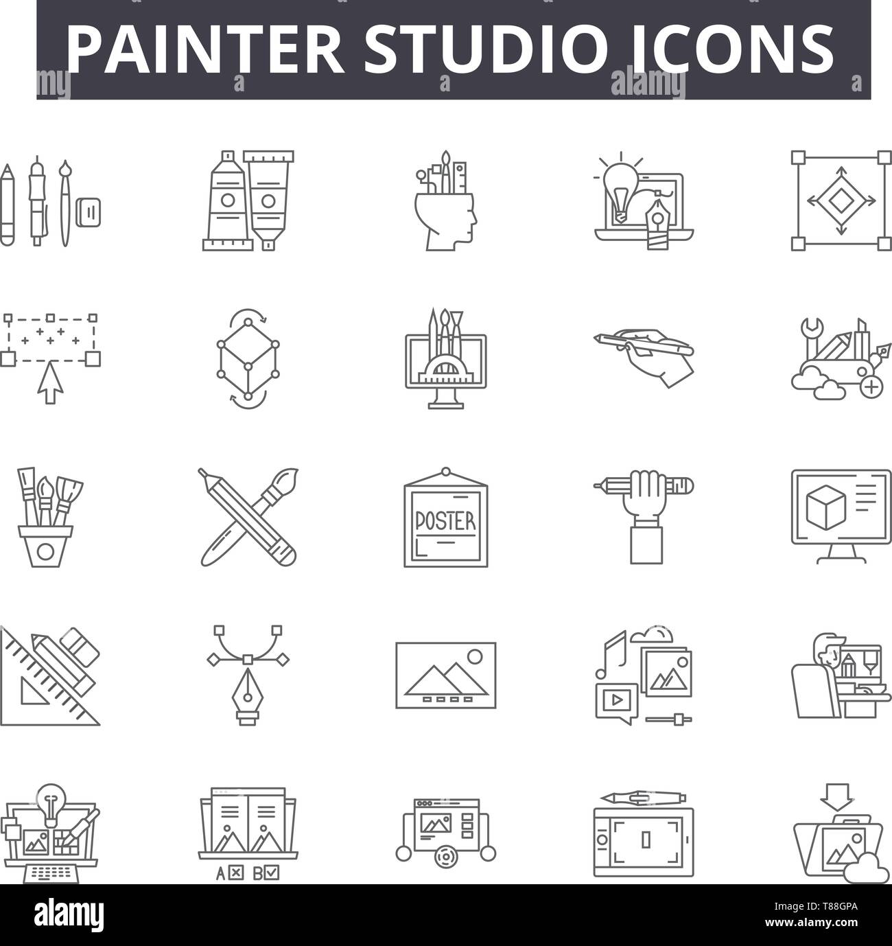 Painter studio line icons, signs, vector set, outline concept, linear ...