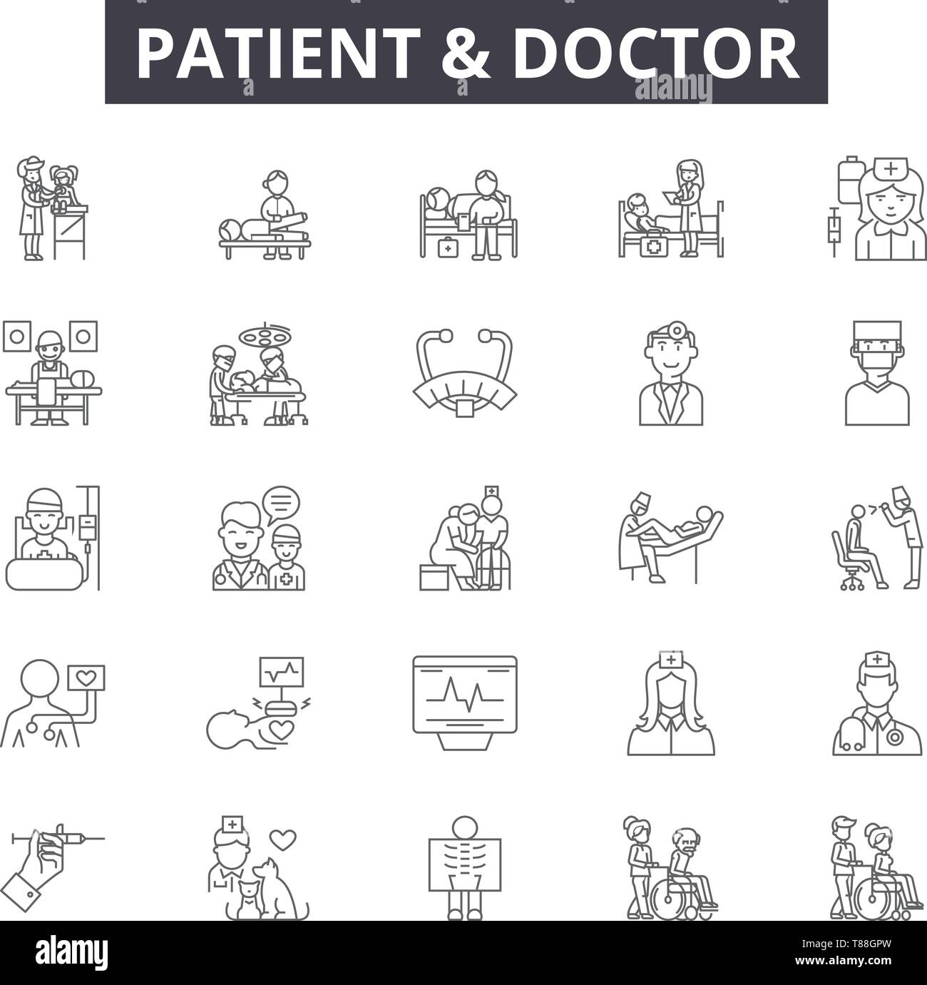 Patient and doctor line icons, signs, vector set, outline concept ...