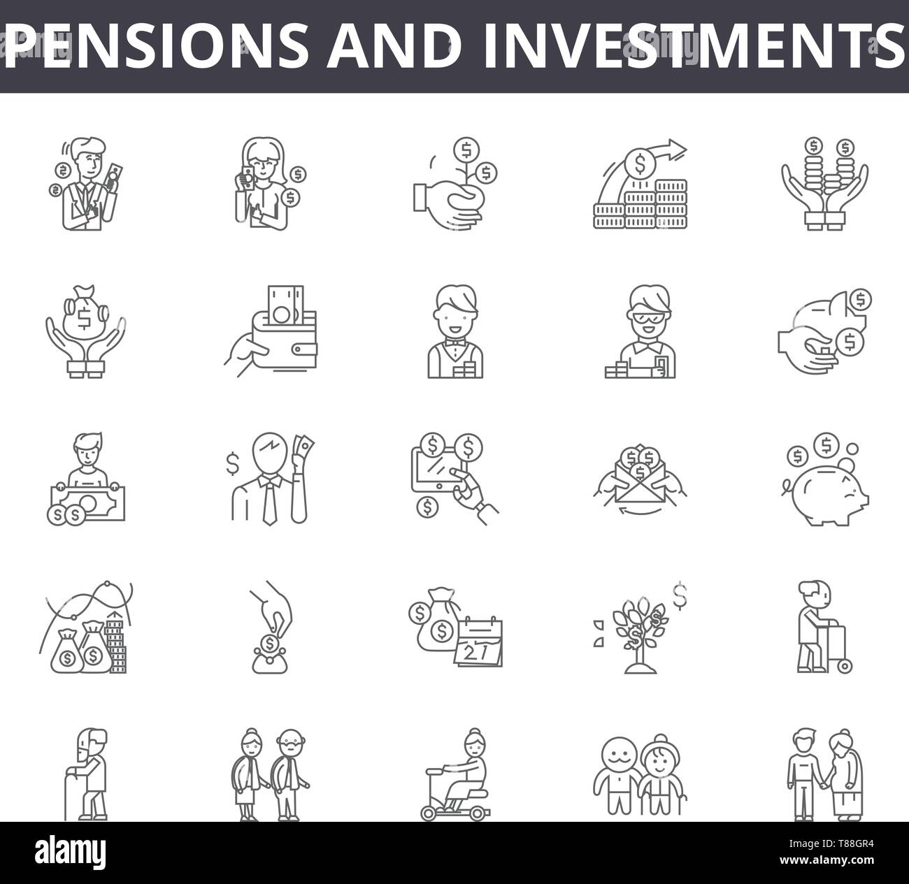 Pensions and investments line icons, signs, vector set, outline concept ...