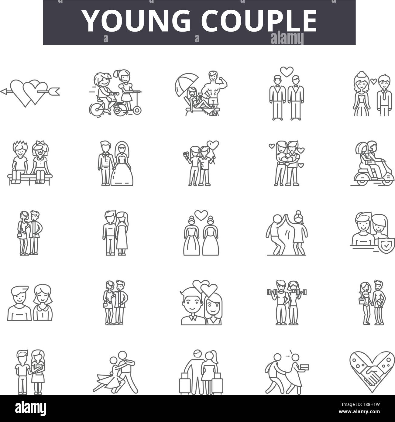 Young couple line icons, signs, vector set, outline concept, linear ...