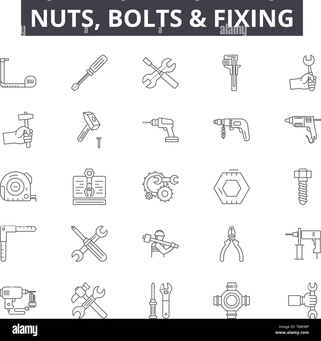 Nuts, bolts & fixing line icons, signs, vector set, linear concept ...