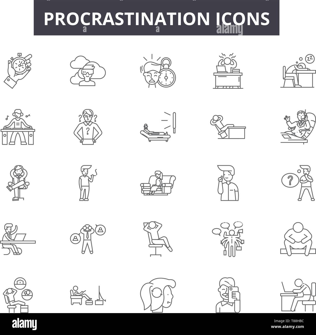 Procrastination line icons, signs, vector set, linear concept, outline ...