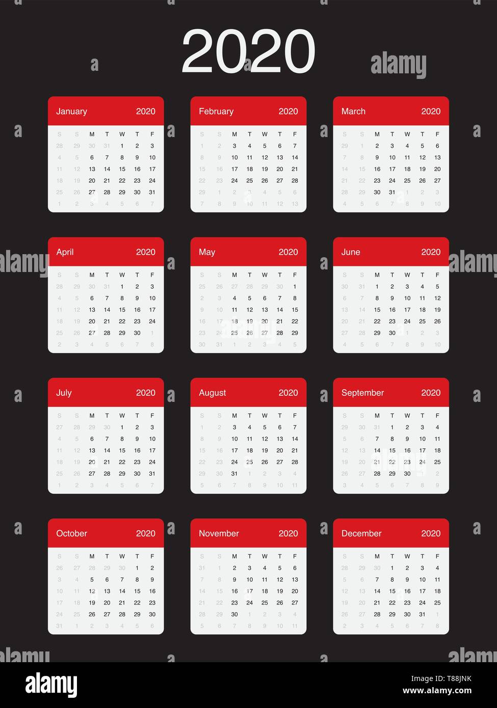 2020 Calendar Clean Minimal Simple Vector Design with a basic grid ...