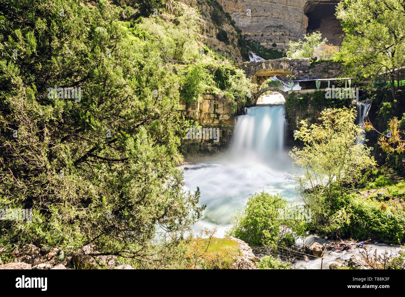 Afqa waterfall and old bridge, Lebanon Stock Photo - Alamy