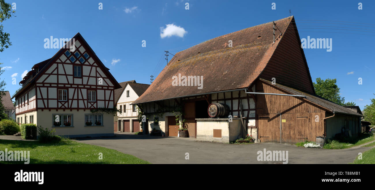 Half-timbered farm buildings in rural Germany, Lake Constance Stock ...