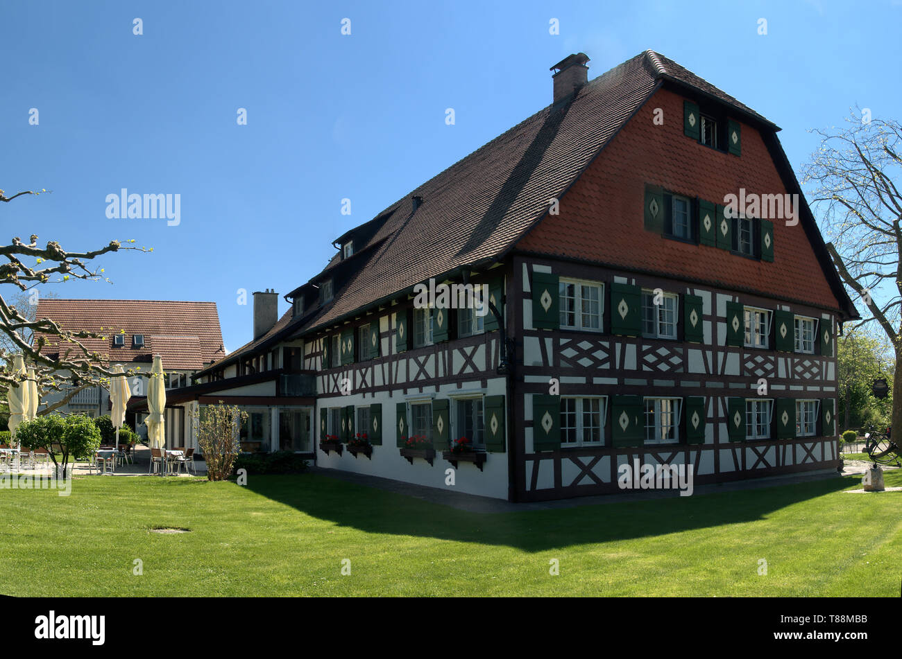 Half-timbered farm buildings in rural Germany, Lake Constance Stock ...