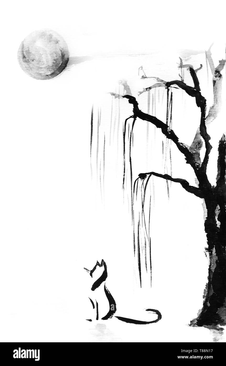 Cat under tree Stock Photo - Alamy