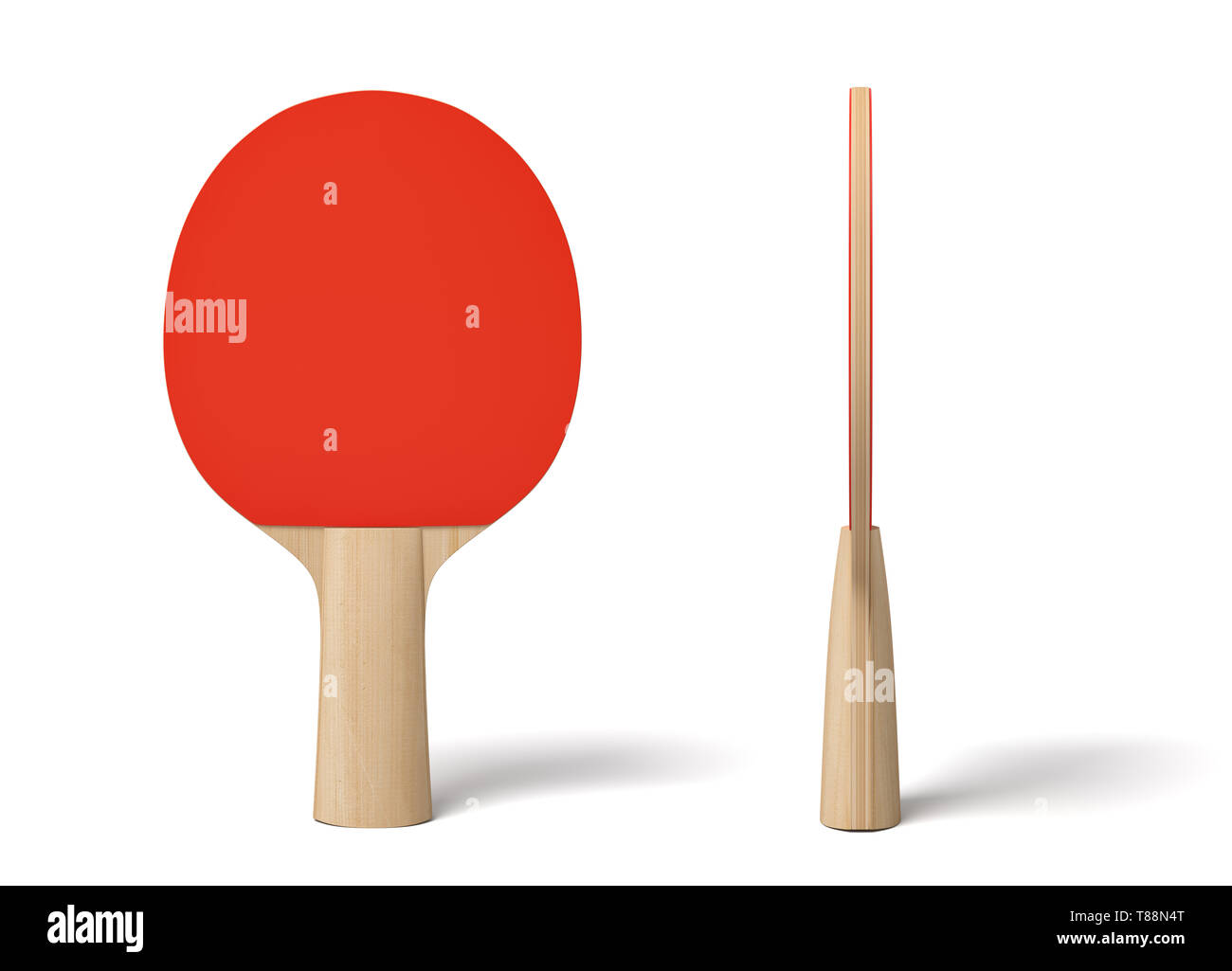 3d close-up rendering of ping pong racket with wooden handle and red ...