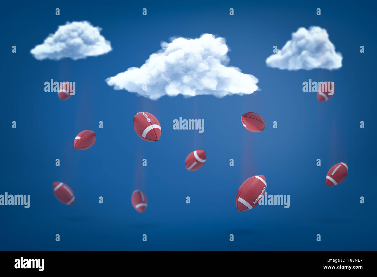 3d rendering of american football balls falling from white clouds on ...