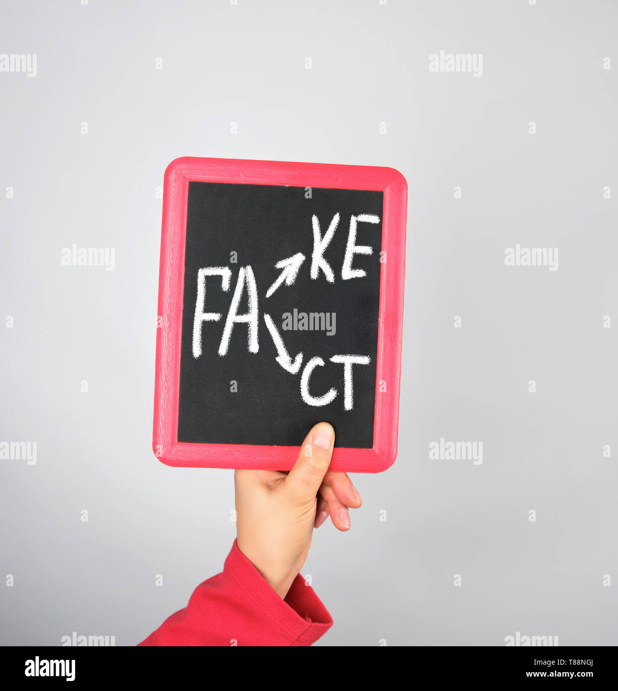 female hand holding chalk frame with chalk inscription fake and fact ...