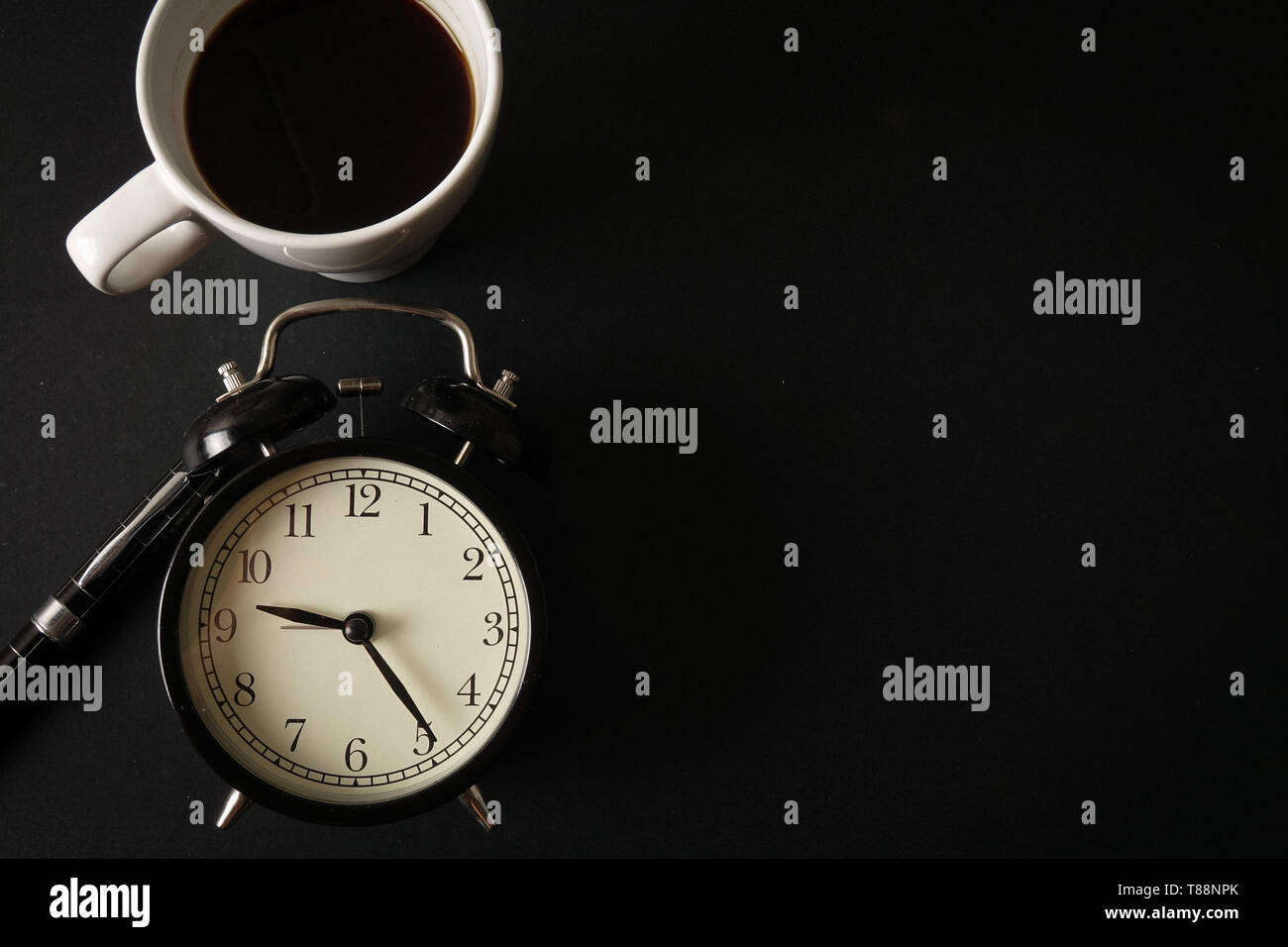 Coffee Time Concept: Office leather desk table with coffee cup and ...