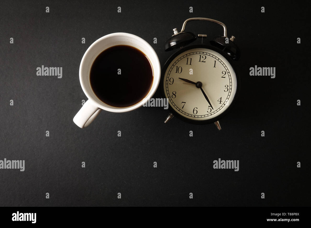 Coffee Time Concept: Office leather desk table with coffee cup and ...