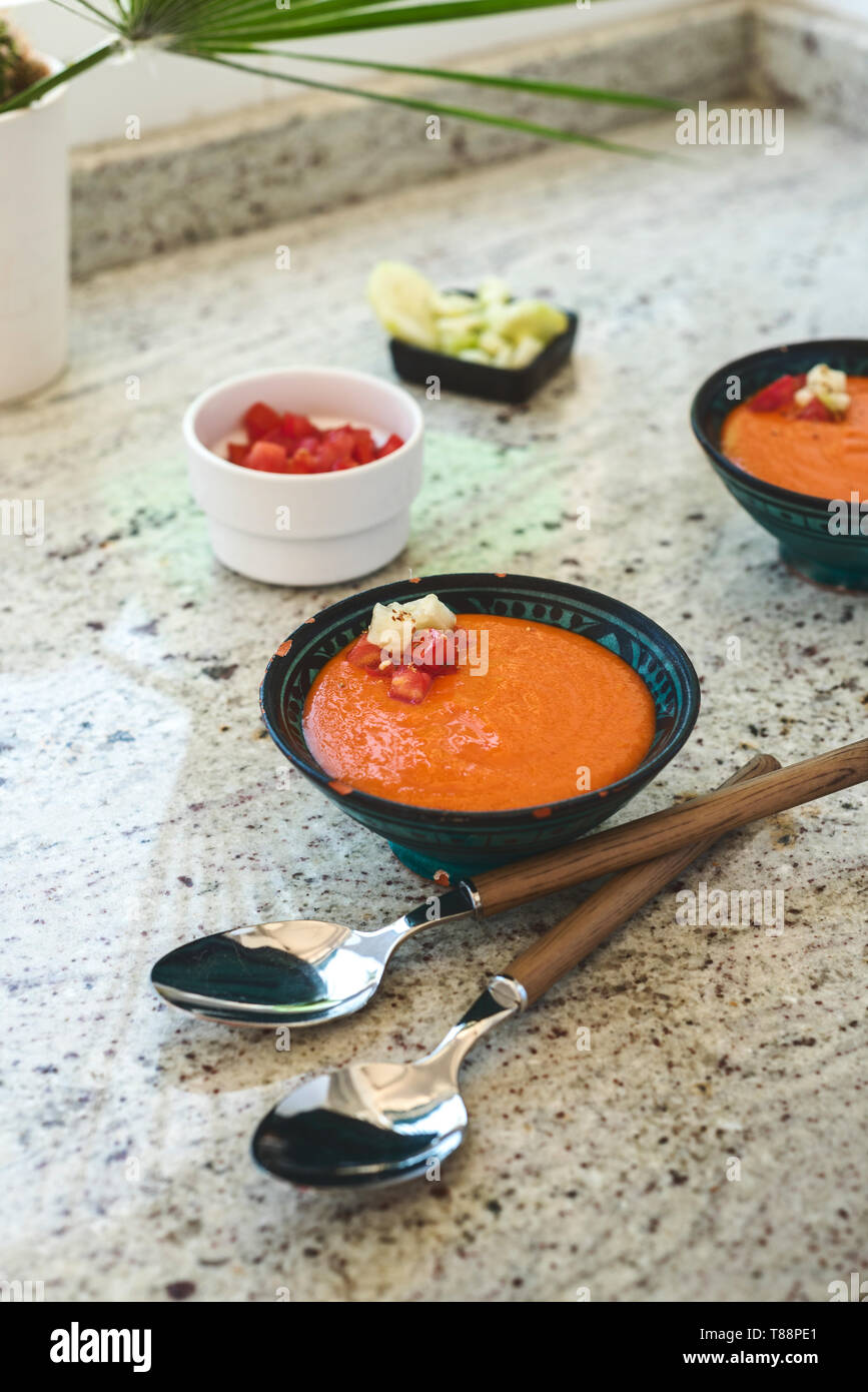 Spanish Gazpacho cold vegetable soup made of tomato, cucumber, bell ...