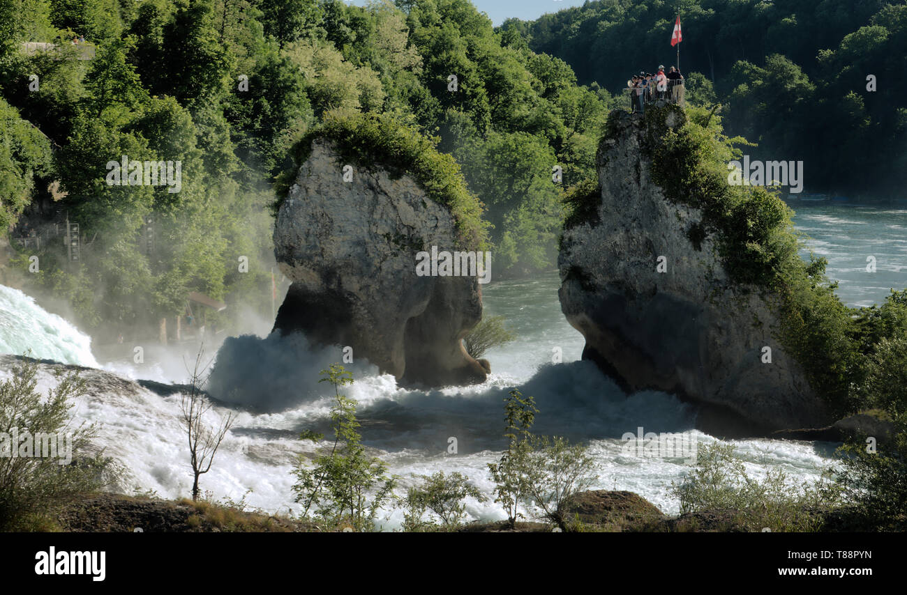 Tourist-infested islands in the torrent of the Rhine falls at ...