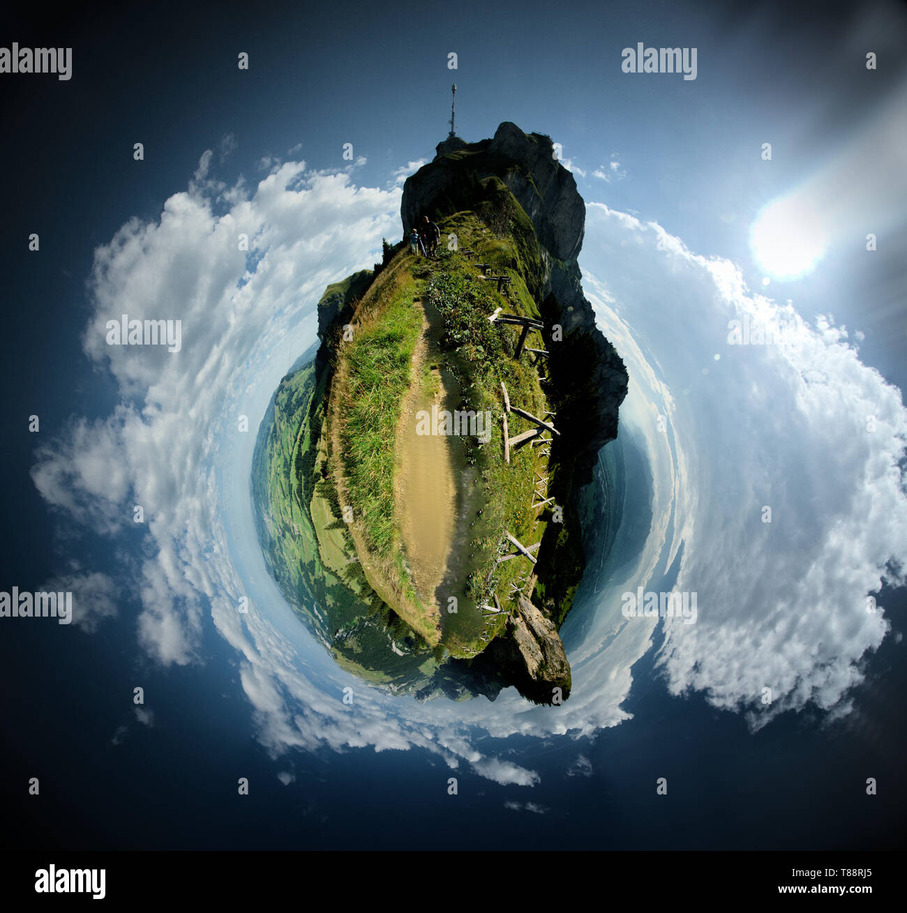 "Small-world" 360° panorama from the Hoher Kasten, Swiss Alps Stock ...