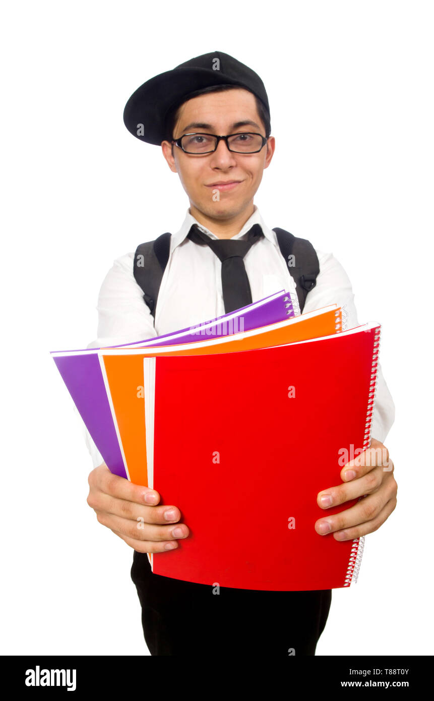 Male student holding notes isolated on white Stock Photo - Alamy
