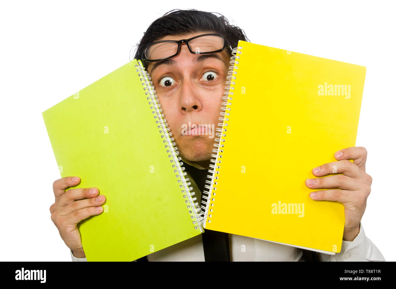 Male student holding notes isolated on white Stock Photo - Alamy