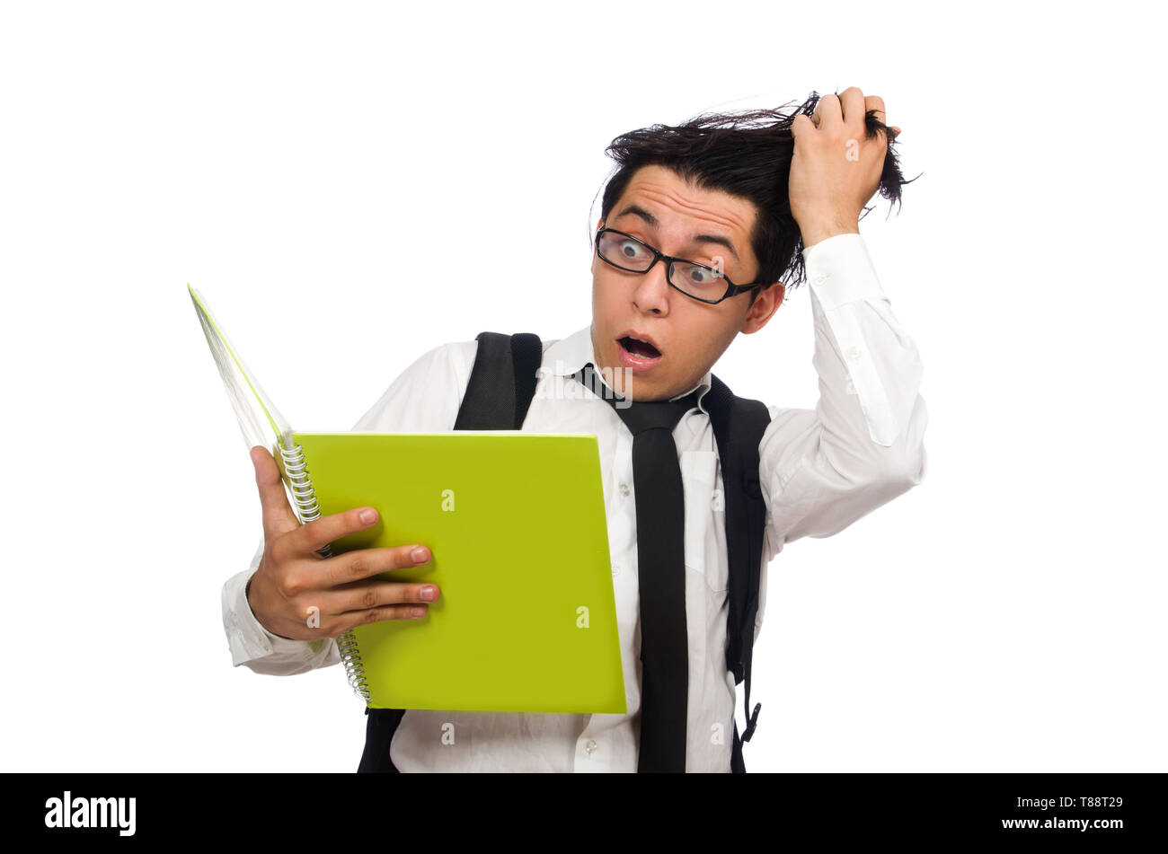 Male student holding notes isolated on white Stock Photo - Alamy