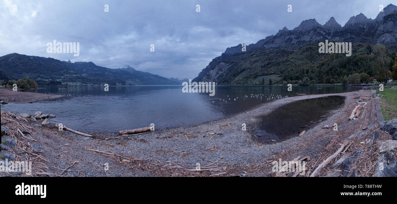 Cloudy evening on the Walensee, Swiss Alps, viewed from the Walenstadt ...