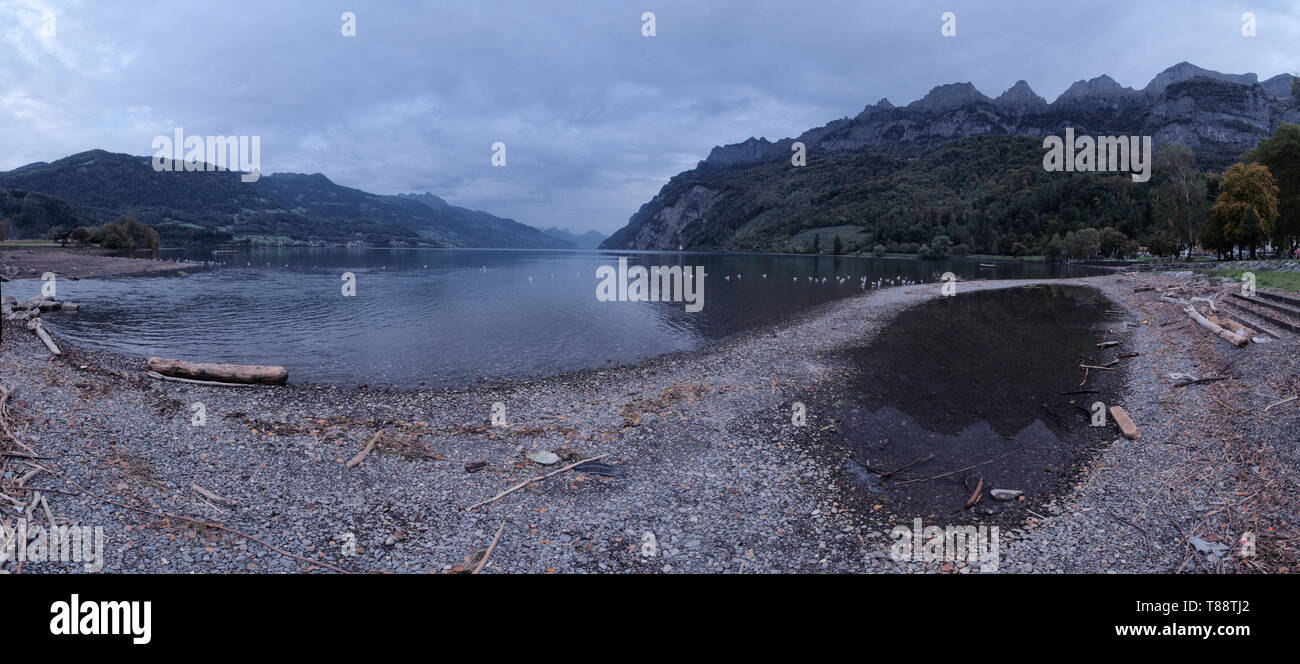 Cloudy evening on the Walensee, Swiss Alps, viewed from the Walenstadt ...
