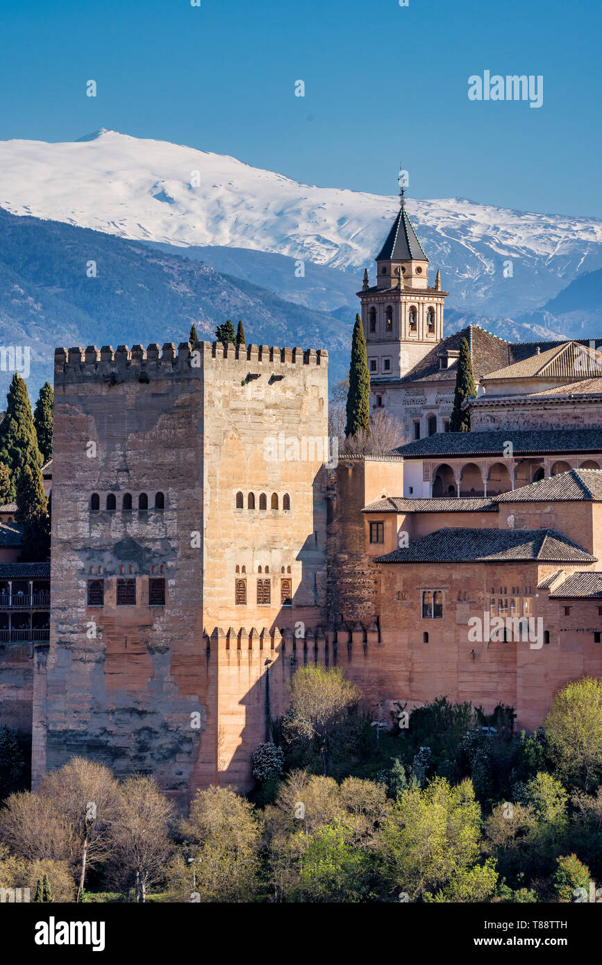 View of Alhambra Palace in Granada, Spain with Sierra Nevada mountains ...