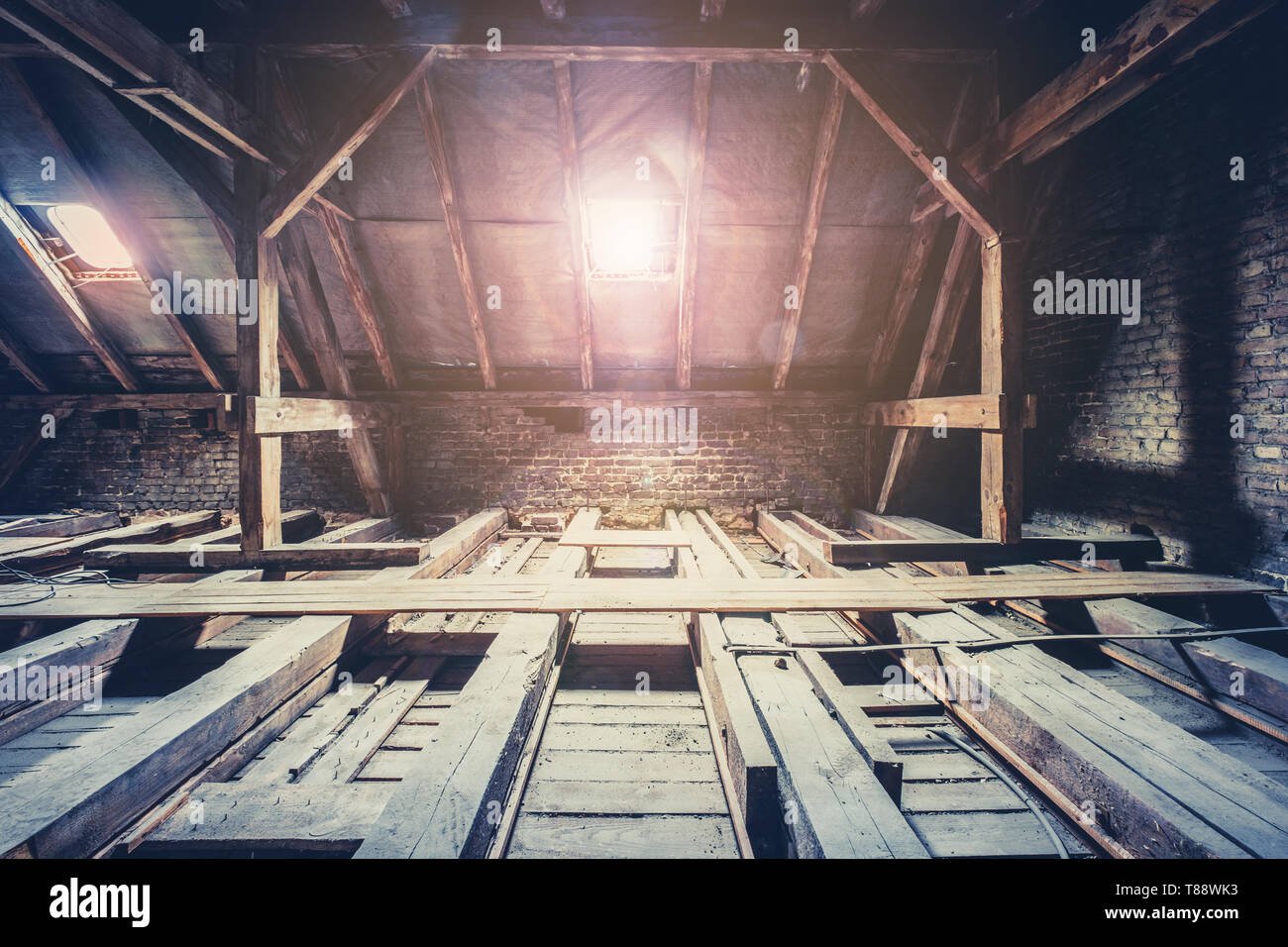 roof beams in attic / loft during before renovation / construction ...