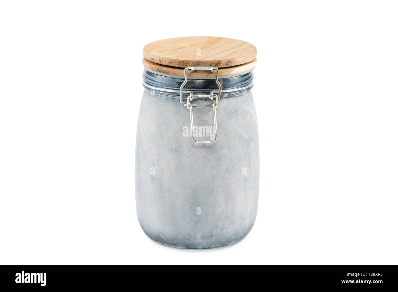 painted jar with wooden lid on the latch isolated on white background ...