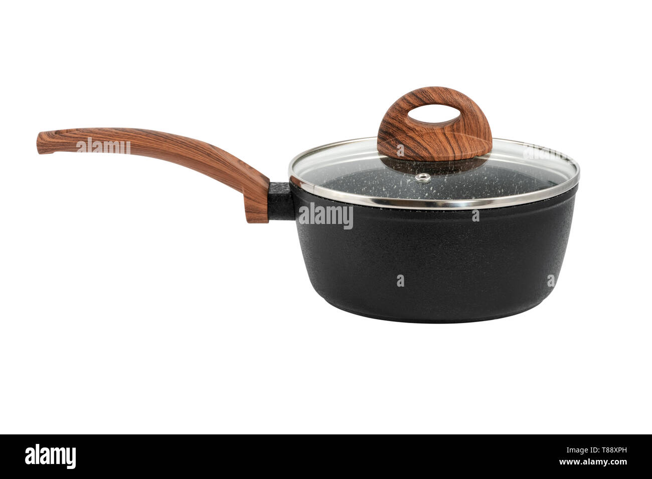 closed saucepan with a large handle and glass lid isolated on white ...